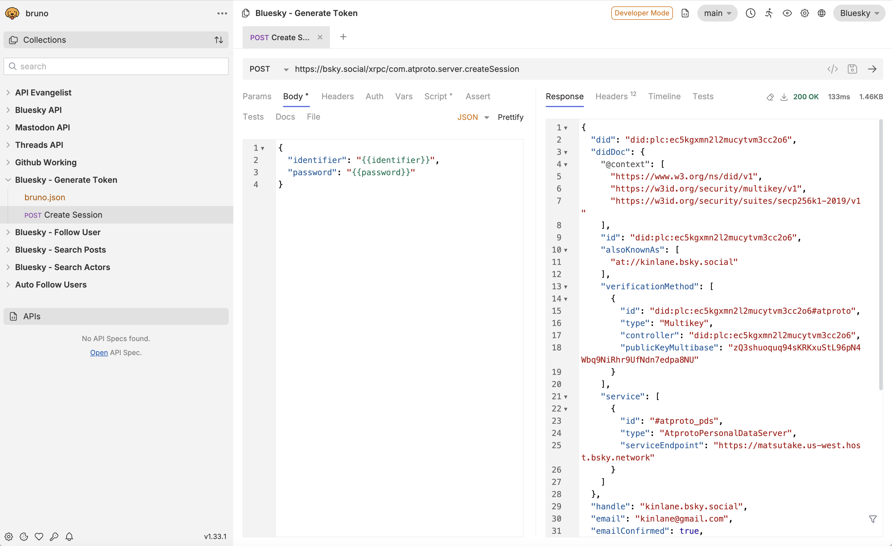 Generate A Bearer Token Using Bruno And Bluesky Create Session Api Operation