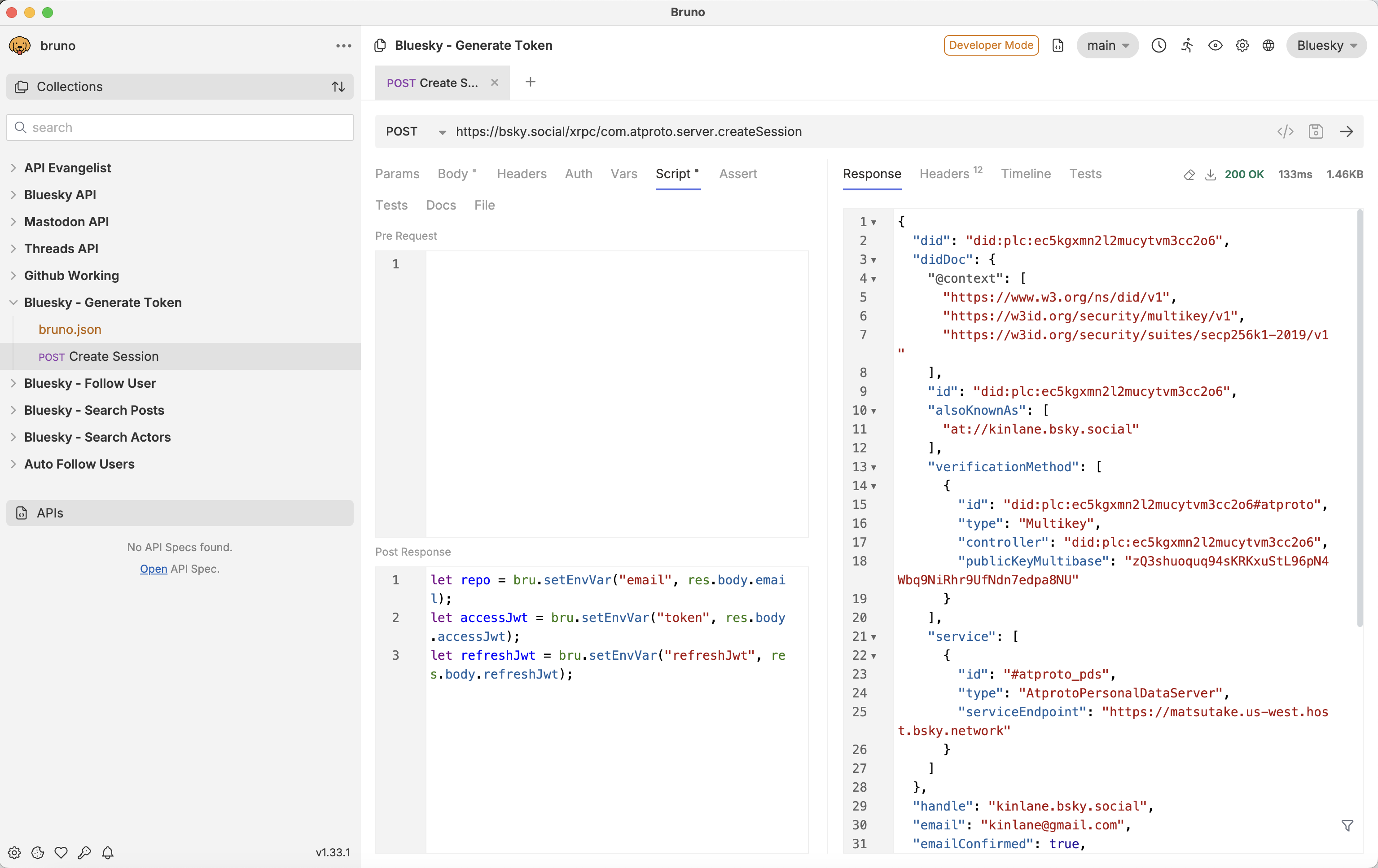 Generate a Bearer Token Using Bruno and Bluesky Create Session API Operation